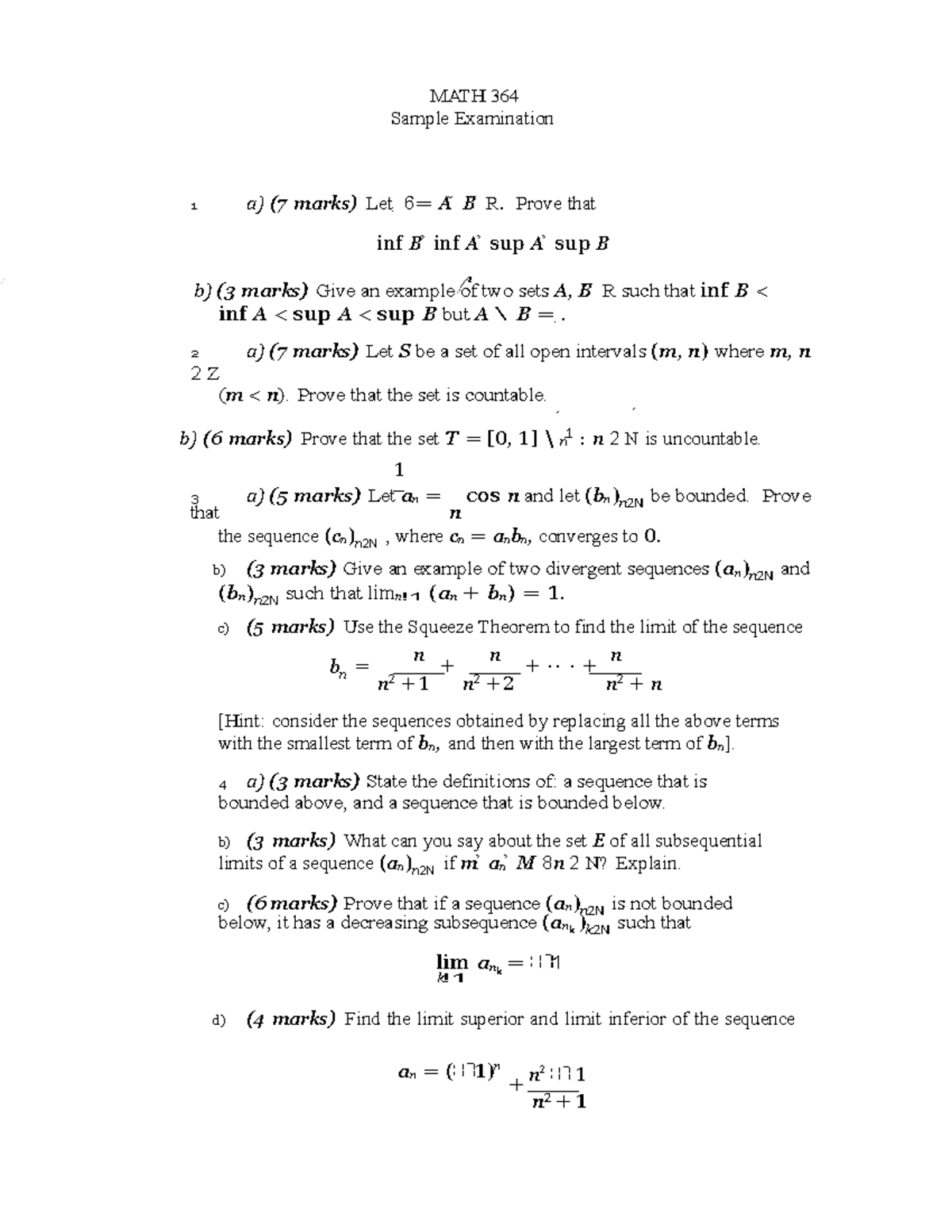 Copy of Sample Exam 2019 - MATH 364 Sample Examination 1 a) (7 marks) Let 6 = A B R. Prove that ...