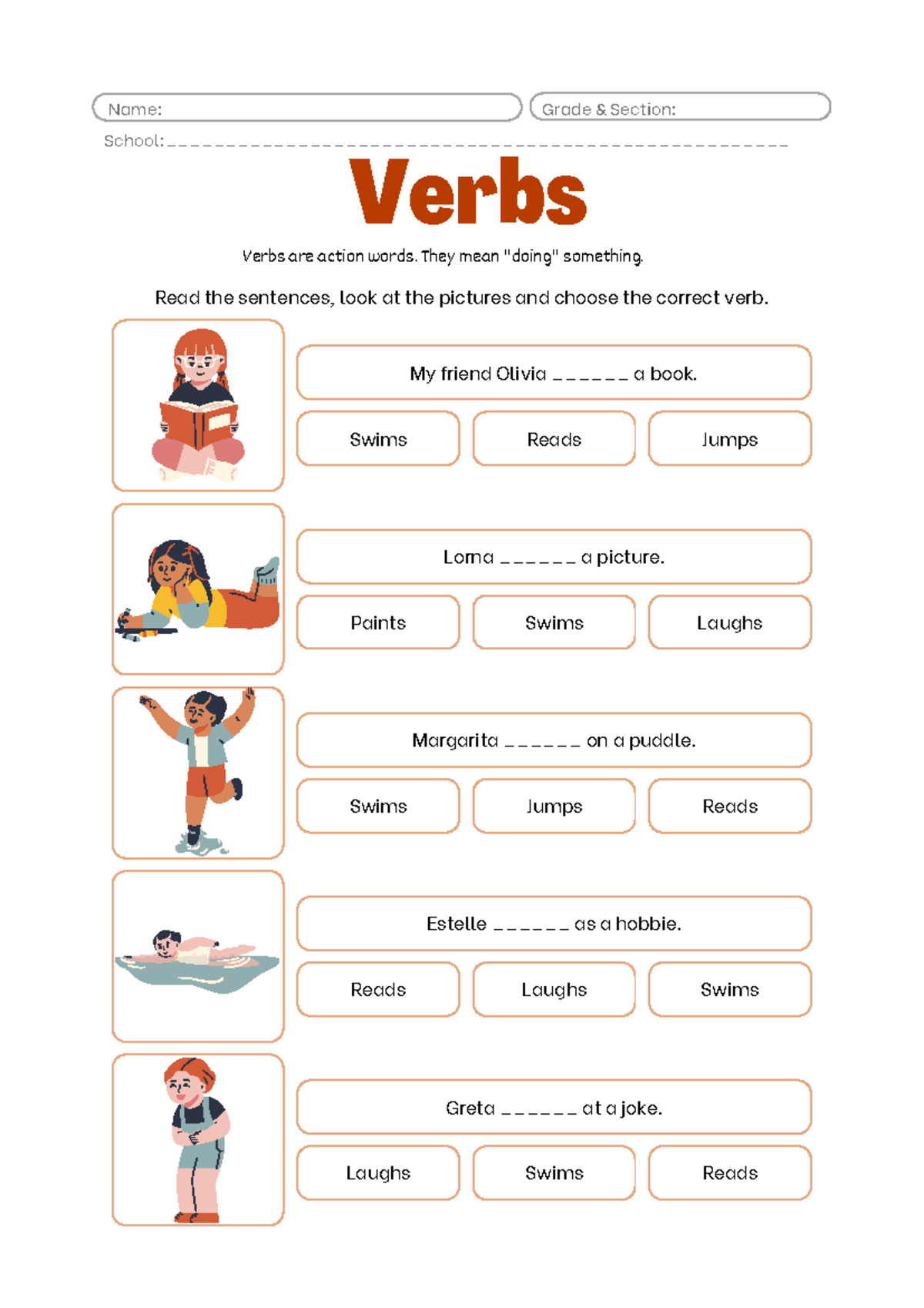 English-Worksheet - Verbs Name: Grade & Section: Read the sentences ...