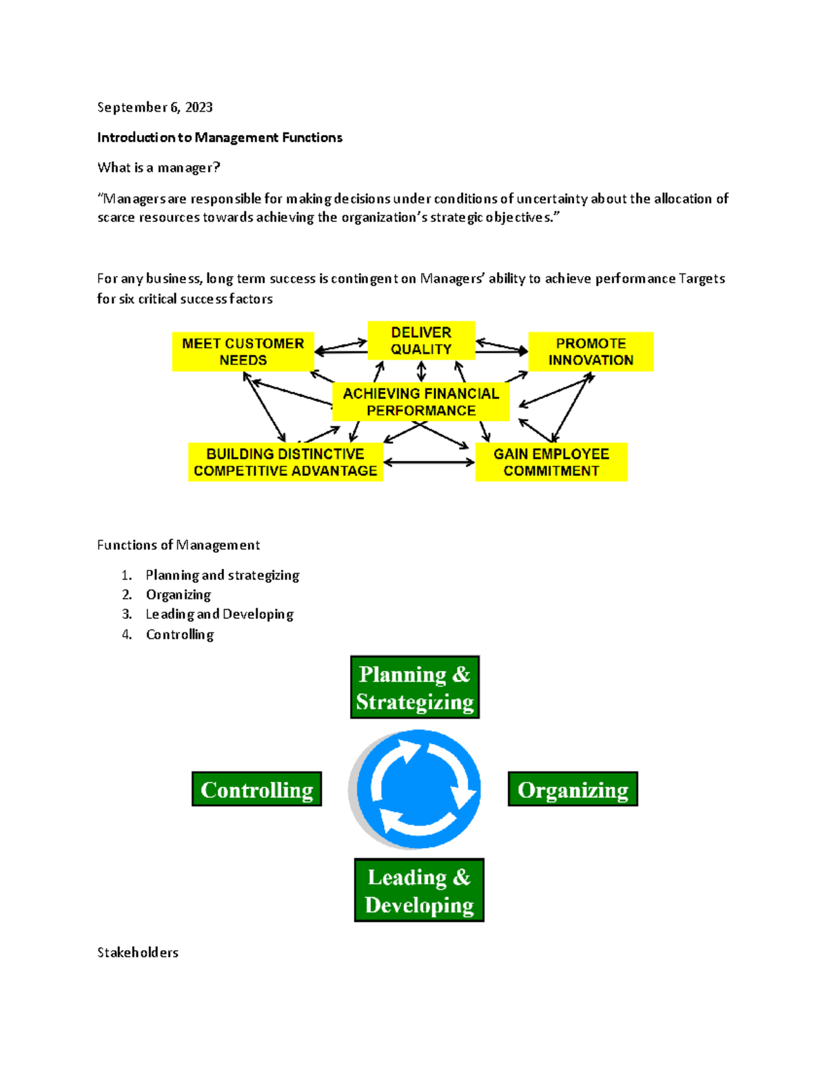 Chapter 1 mgm101 - September 6, 2023 Introduction to Management ...