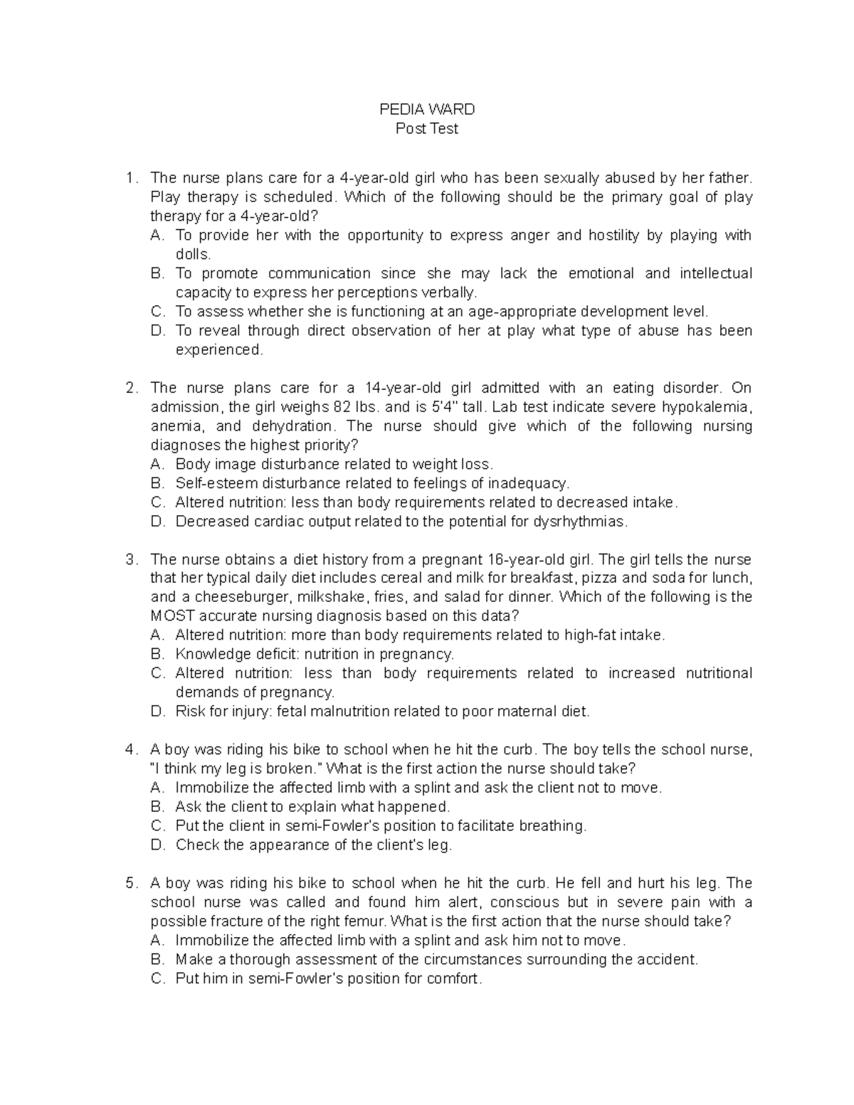 Pedia WARD Post Test - PEDIA WARD Post Test The nurse plans care for a ...