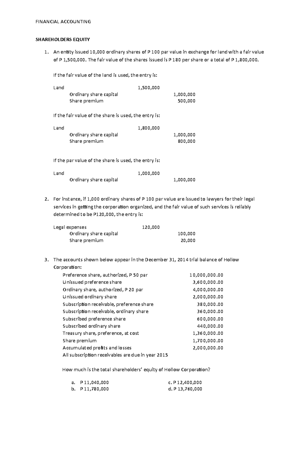 UFR_SHE_Activity - SHAREHOLDERS EQUITY An entity issued 10,000 ordinary ...
