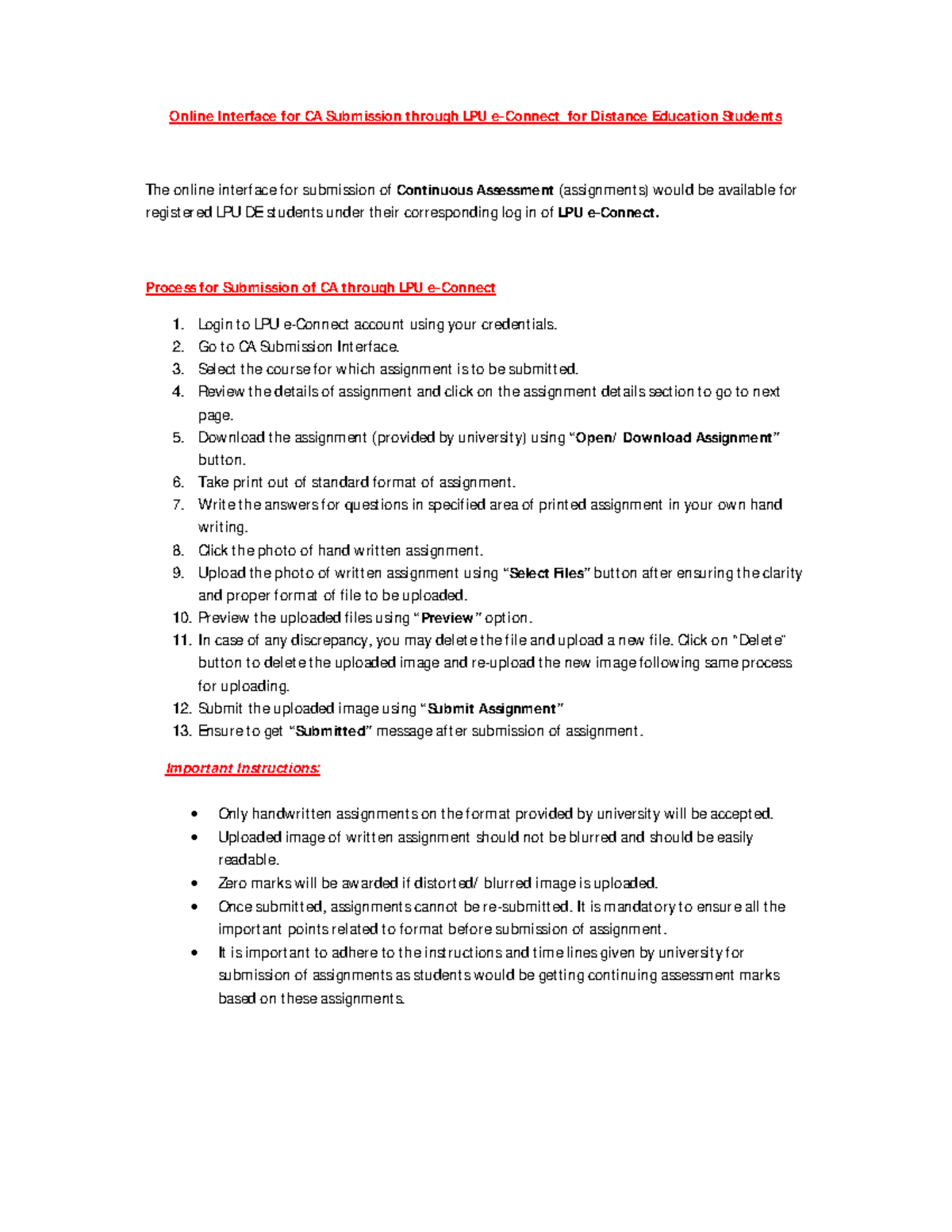 Instructions and Process LPU e-Connect - Online Interface for CA ...