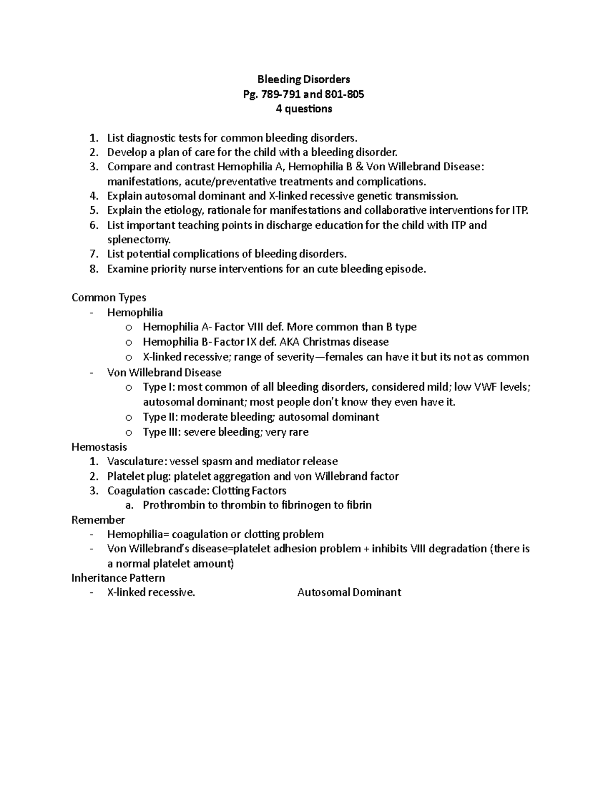 Bleeding Disorders and Diagnostic Tests - Studocu