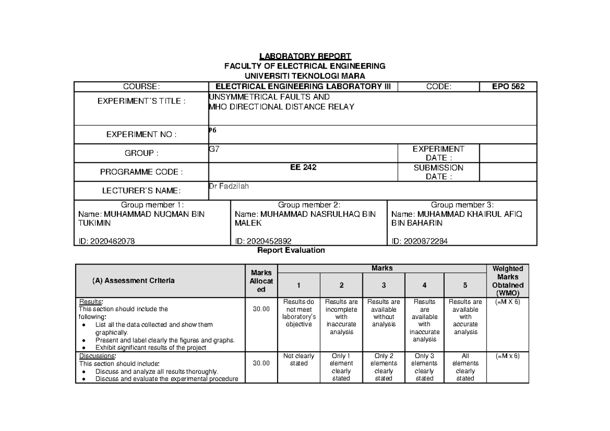 G7 Lab Report P6 EPO562 Electrical Engineering Laboratory III ...