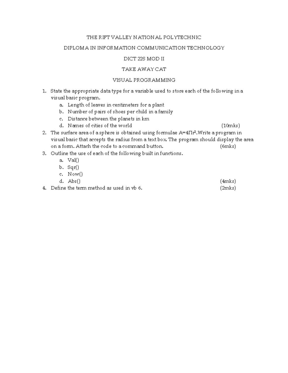 Visual Programming take away-1 - THE RIFT VALLEY NATIONAL POLYTECHNIC ...