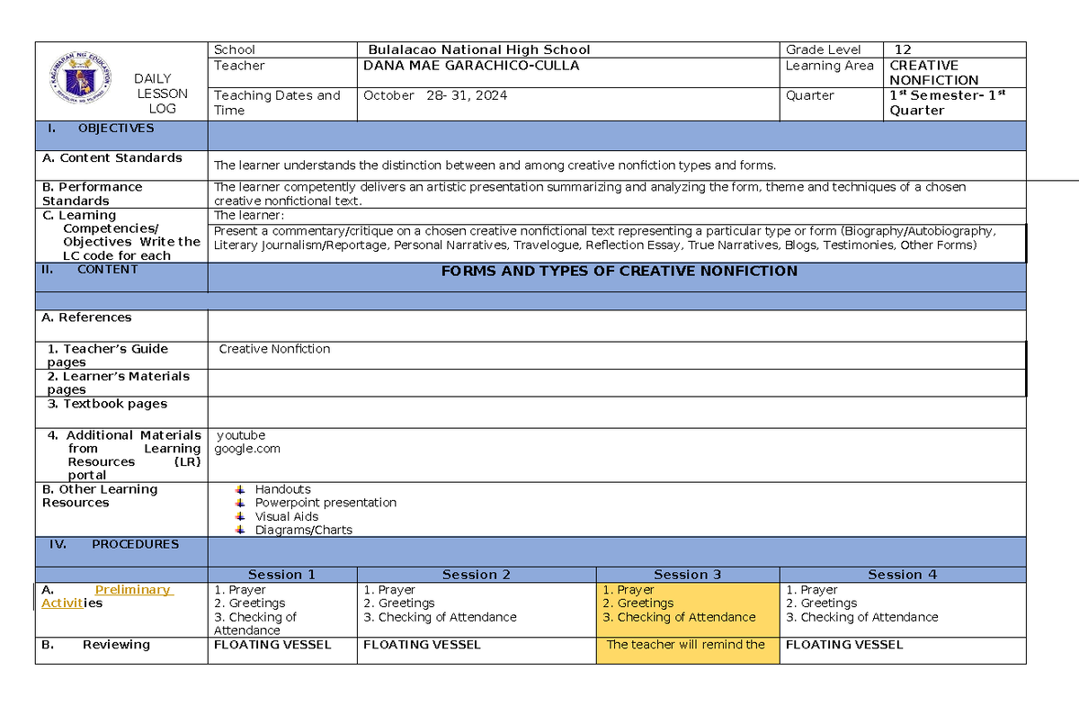 Creative Nonfiction Q2 WEEK 6 - DAILY LESSON LOG School Bulalacao ...