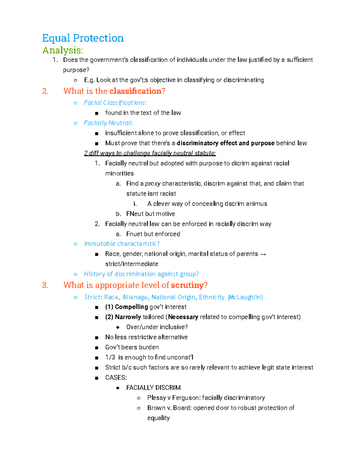 Con Law II Finals Outline - Equal Protection Analysis: Does the ...
