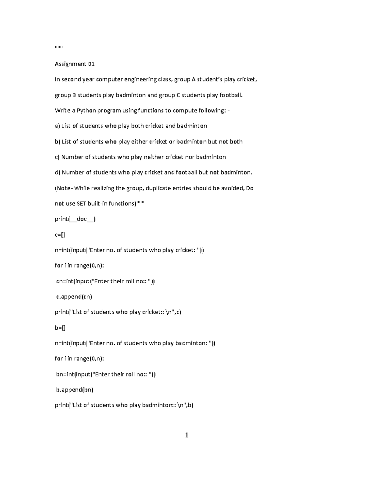 Ass1 1 - Thx - """ Assignment 01 In second year computer engineering class, group A - Studocu