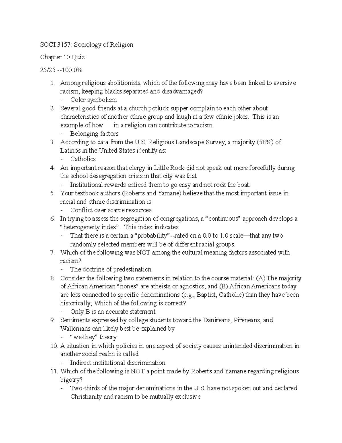 Sociology of Religion Chapter 10 Quiz - SOCI 3157: Sociology of ...