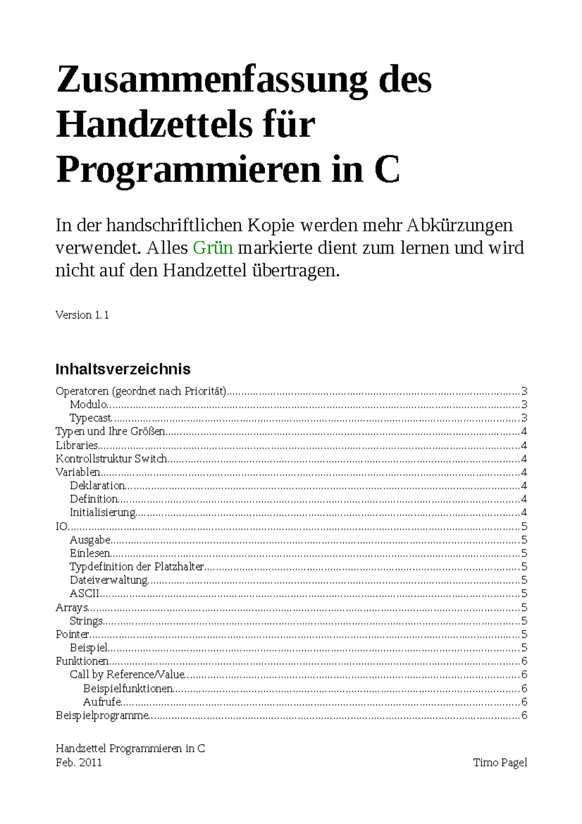 Zusammenfassung des Handzettels für Programmieren in C - Zusammenfassung des Handzettels für ...