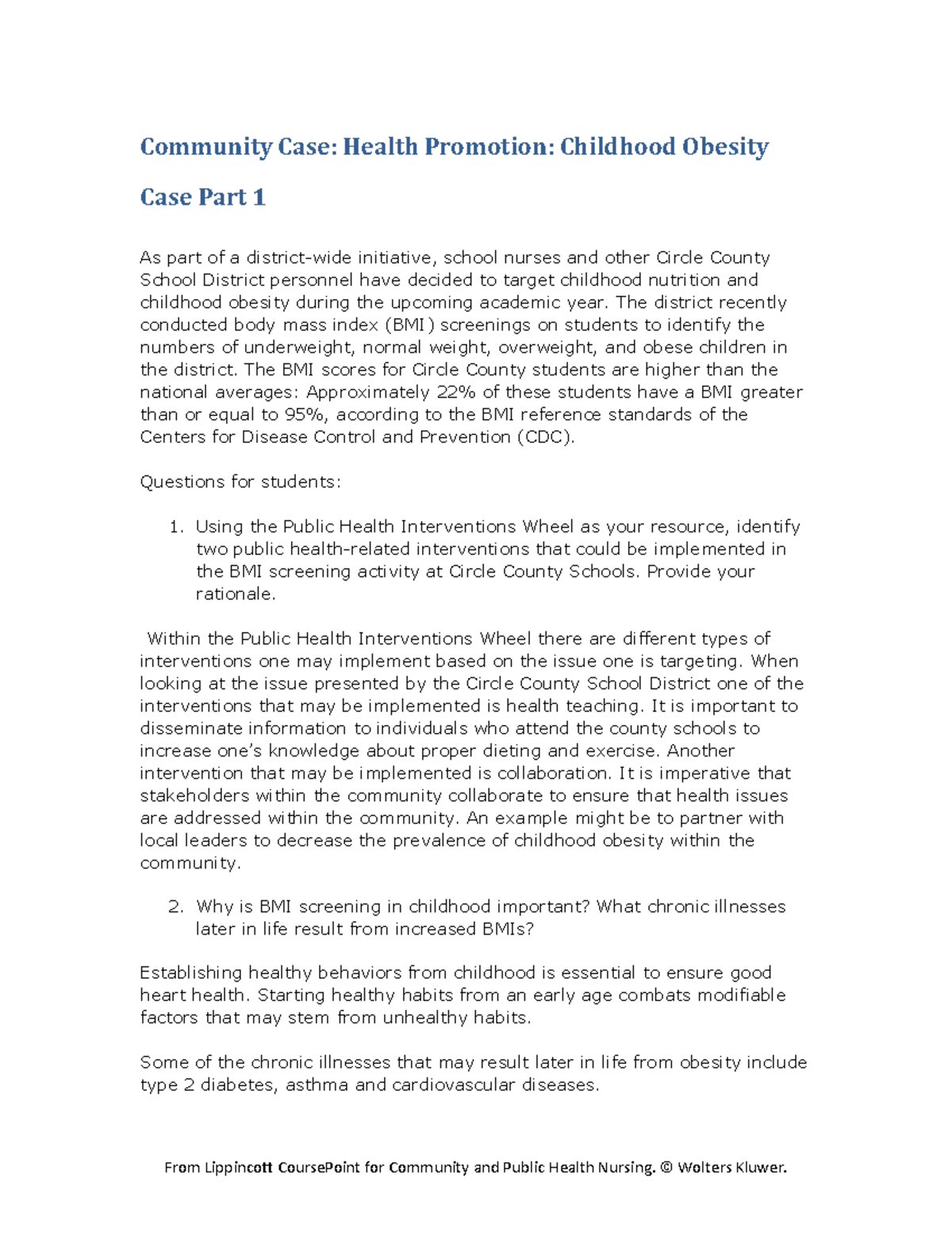 Community Health Promo Obesity Case1 1-10-17 DP - Community Case ...