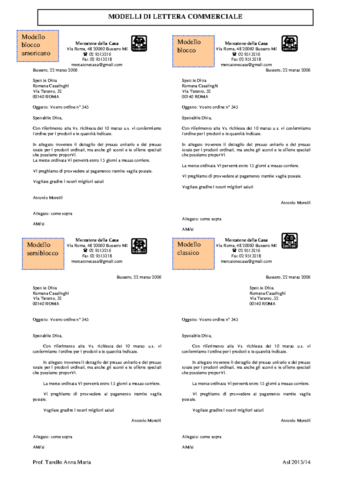 5 - Modelli di lettera commerciale - Prof. Tarello Anna Maria Asl 2013 ...