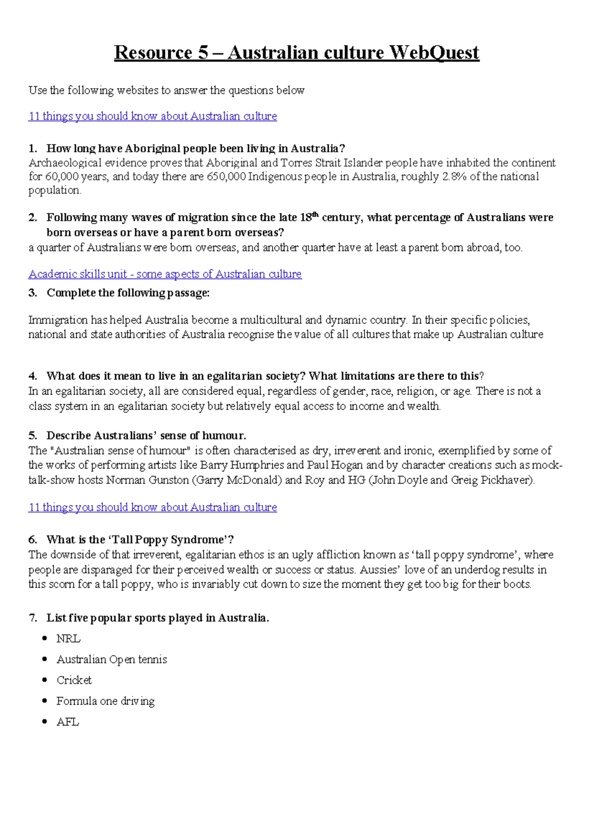 Australian culture webquest - Resource 5 – Australian culture WebQuest ...