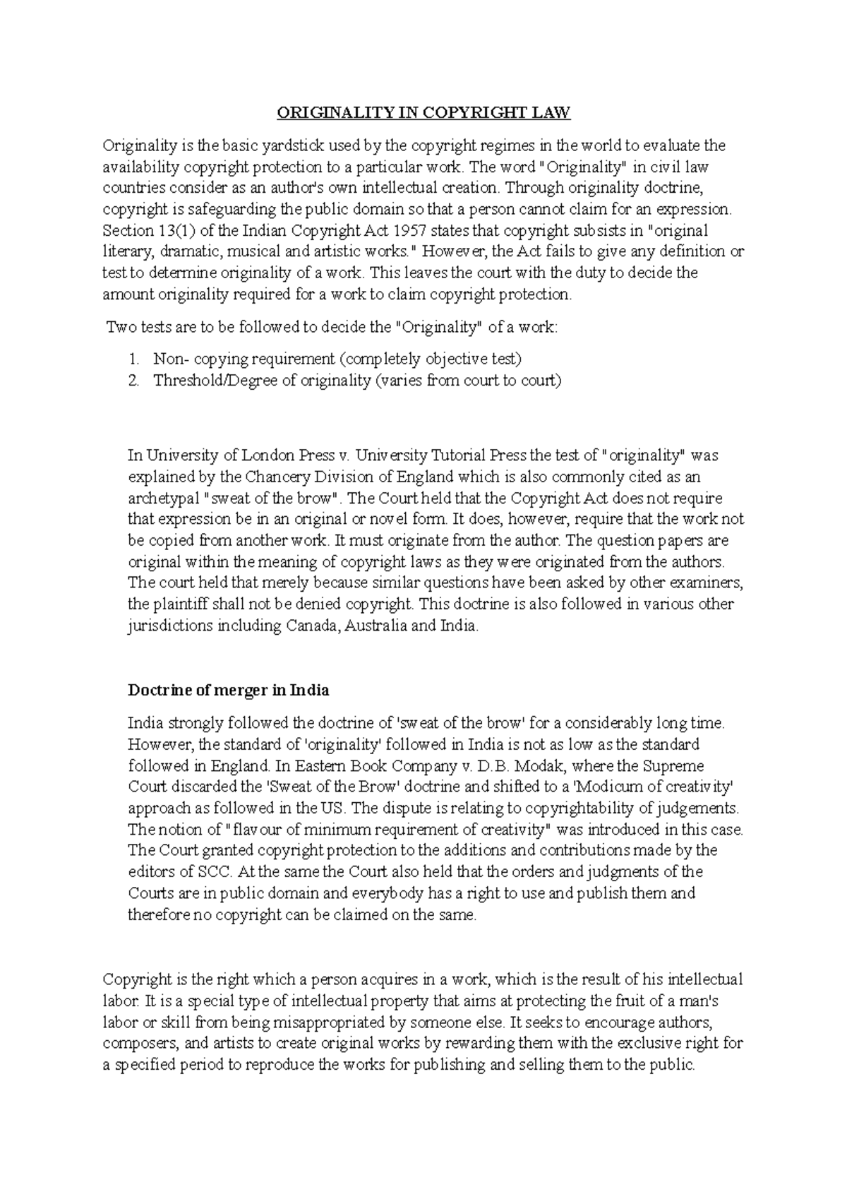 Originality IN Copyright LAW, Originality IN Copyright LAW, Injuction ...