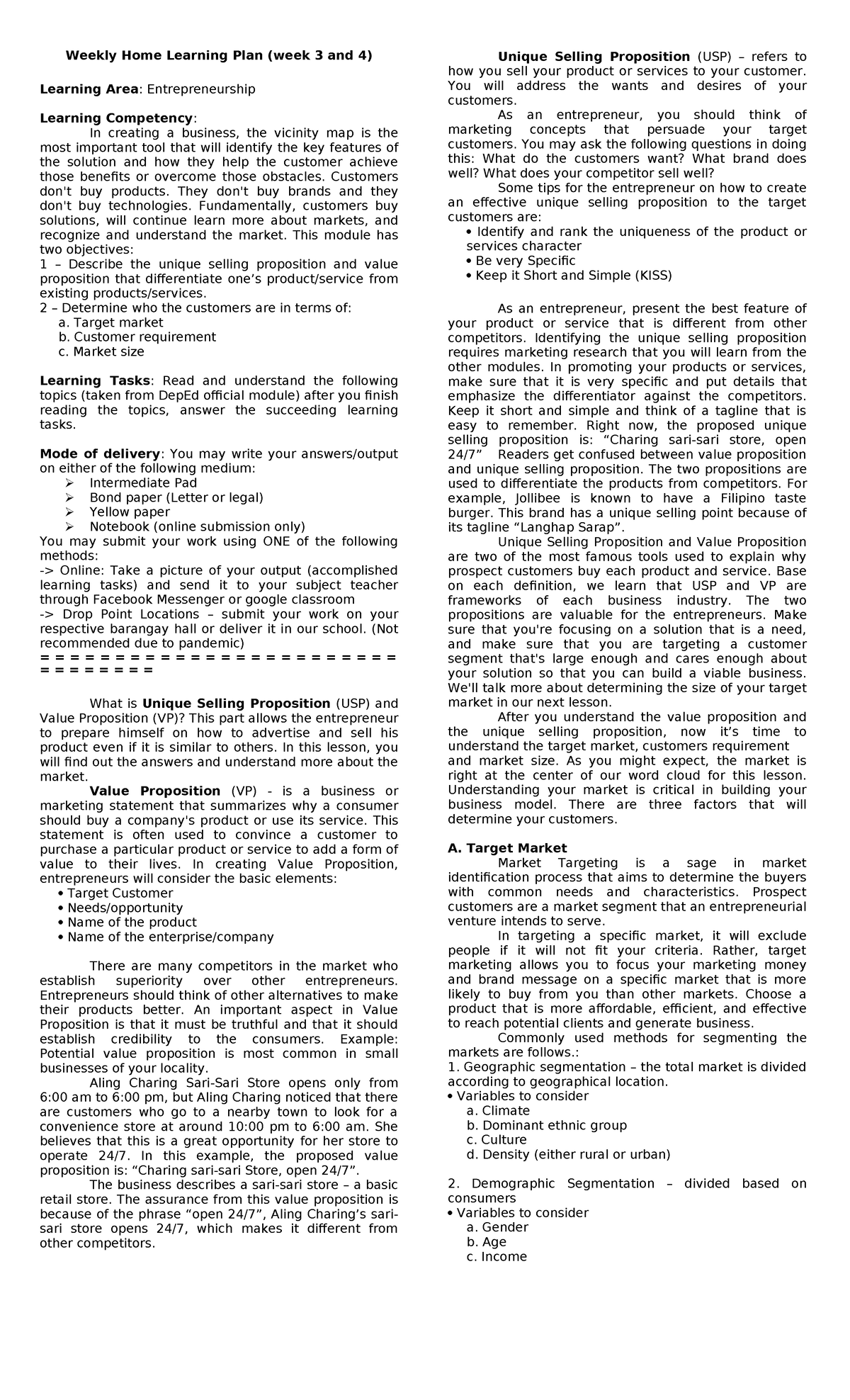 Wk-3-and-4-Entrepreneurship G12 Module LAS and WHLP - Weekly Home Learning Plan (week 3 and 4 ...