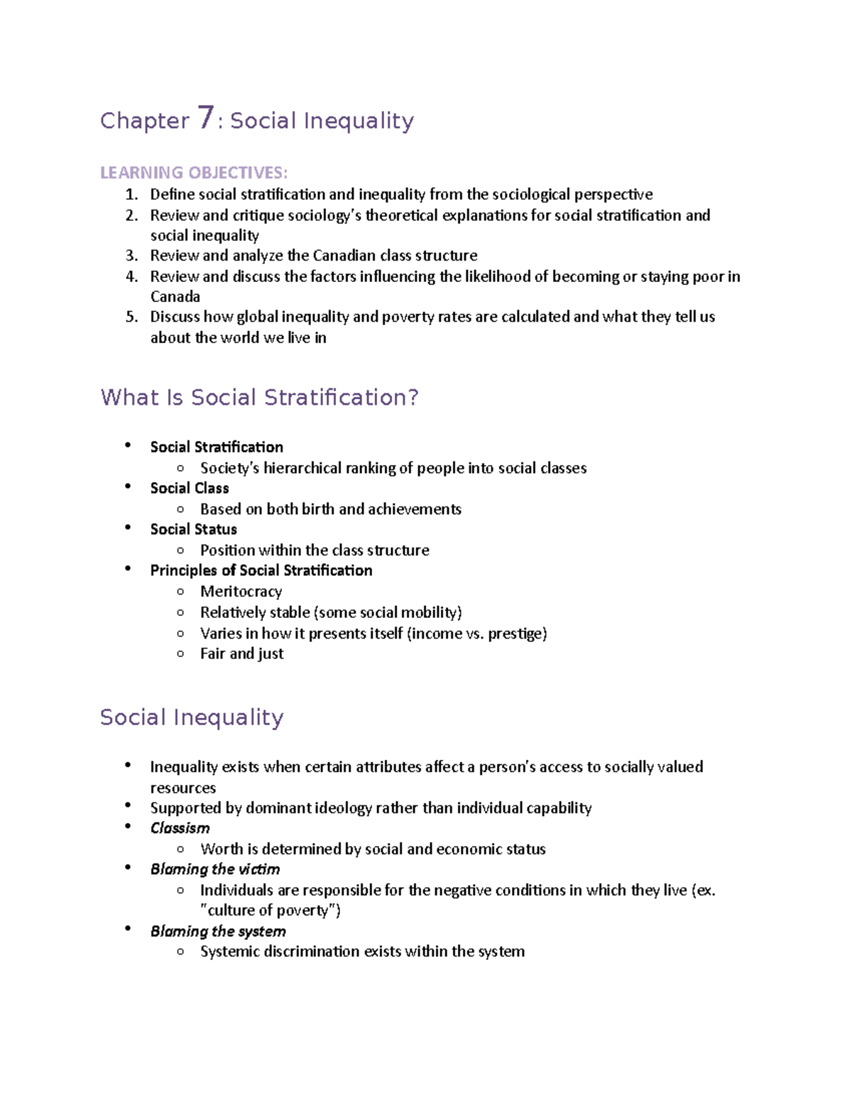 Chapter 7 Sociology - WLU - Chapter 7 : Social Inequality LEARNING ...