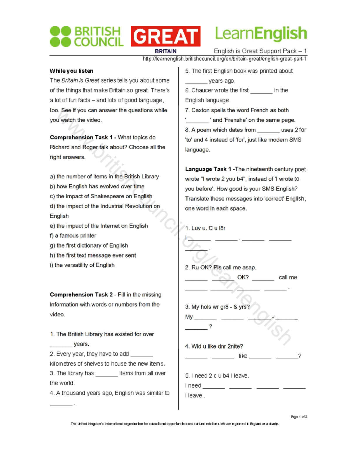 English is Great Part 1 NO KEY - Support Pack 1 pdf - English is Great ...