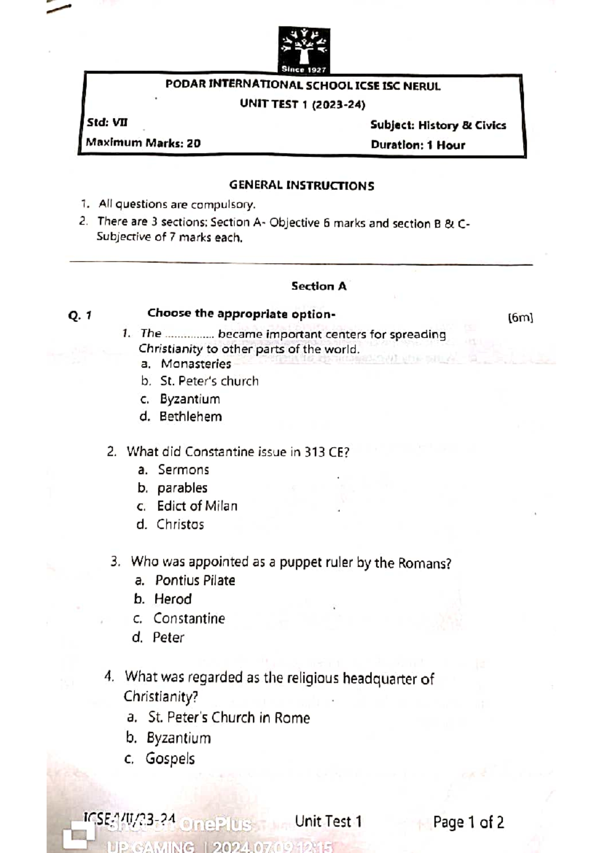 History Paper - uiououuouo - Since 1927 PODAR INTERNATIONAL SCHOOL ICSE ...