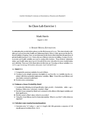 Homework lab exercise 0 - CURTINUNIVERSITY, SCHOOL OFECONOMICS, FINANCE ...