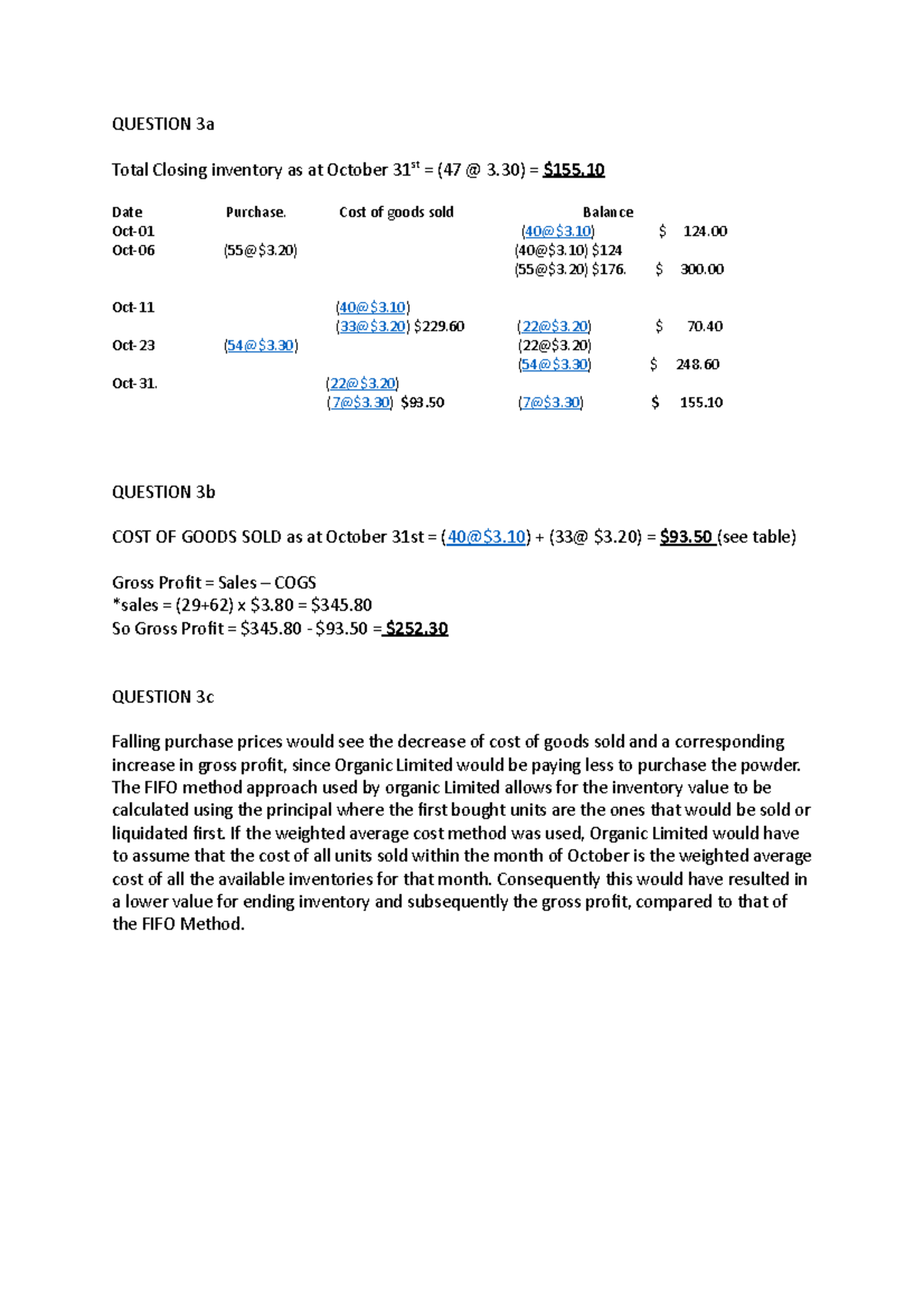 Q3-answer acctg 102 - QUESTION 3a Total Closing inventory as at October ...