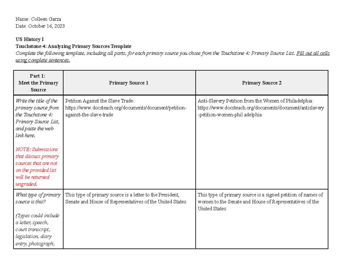 US History I Touchstone 4 - Name: Colleen Garza Date: October 16, 2023 ...