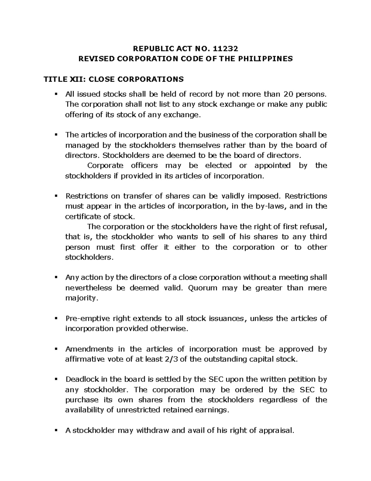 REPUBLIC ACT NO 11232 Title 12 Close Corporations REPUBLIC ACT NO