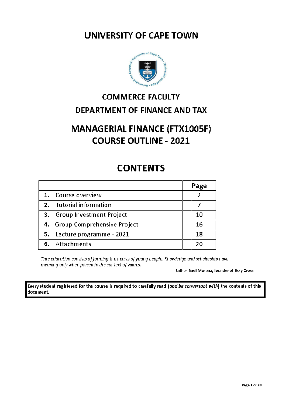 2021F FTX1005F Course Outline - UNIVERSITY OF CAPE TOWN COMMERCE ...