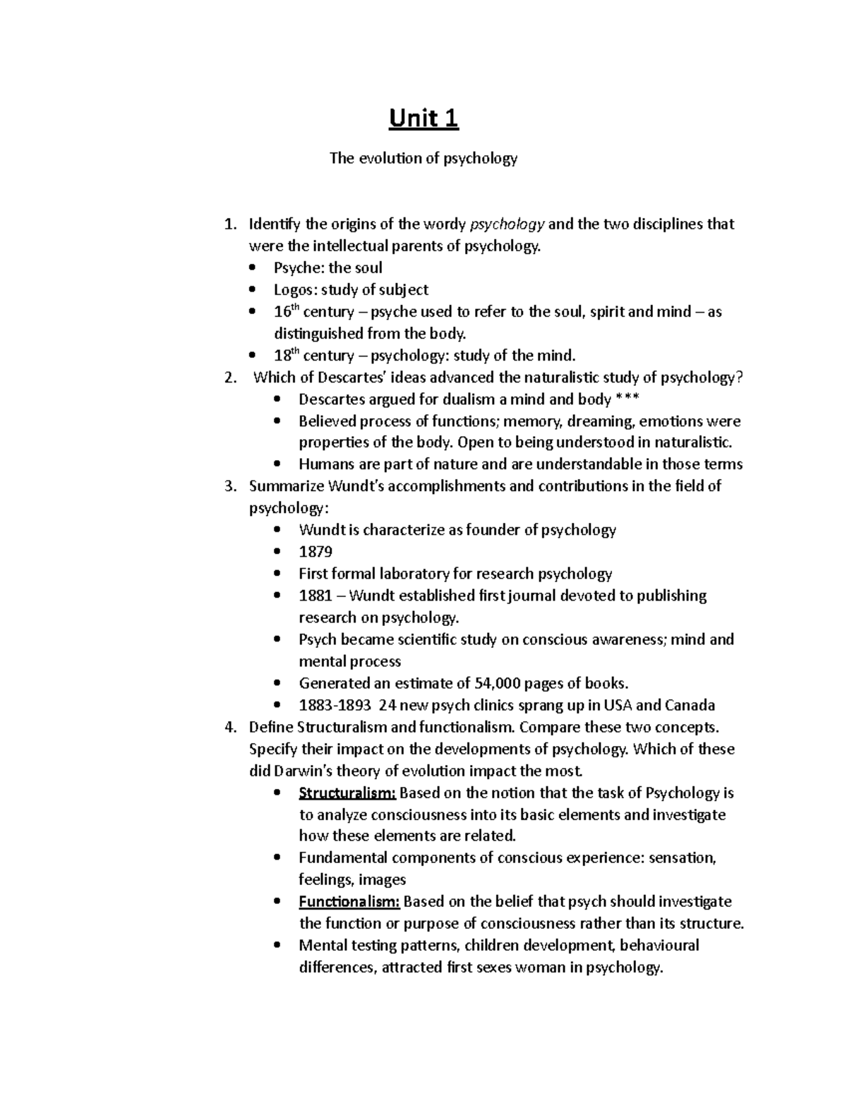 Unit 1 -Psych 289 - Notes - Unit 1 The evoluion of psychology Idenify ...