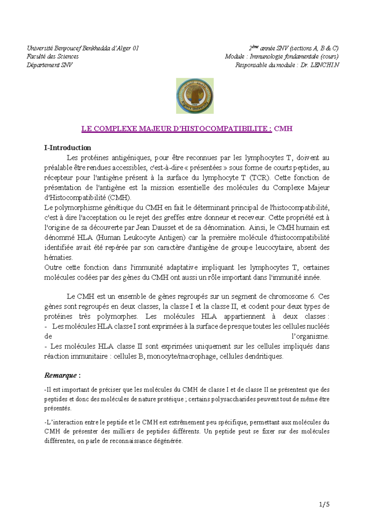 Cours 2. CMH. L3 Mme Lenchi - Université Benyoucef Benkhedda d’Alger 01 ...