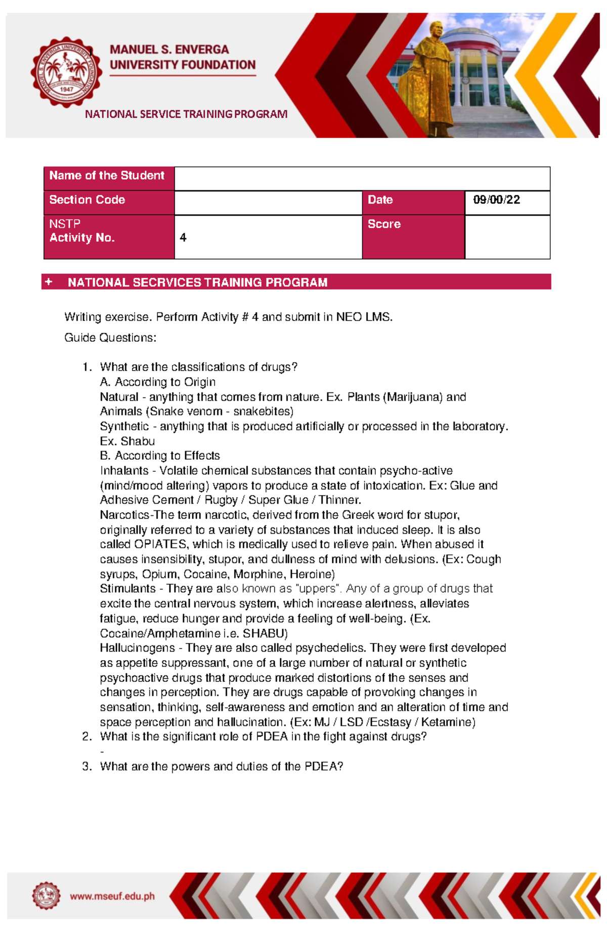 NSTP 1 Activity 4 - Answer - 1 NATIONAL SERVICE TRAINING PROGRAM Name ...