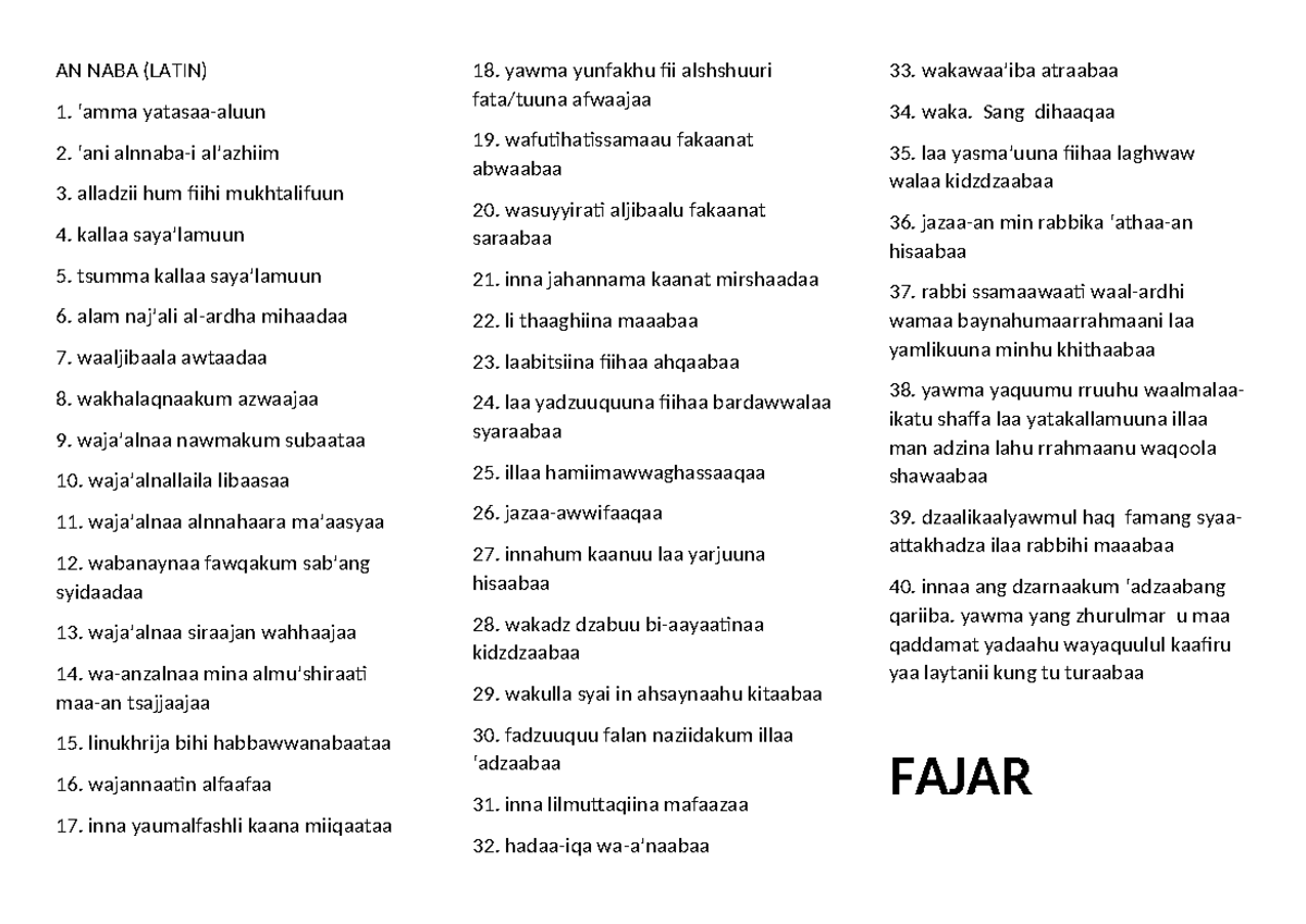 QS. AN NABA Latin - BACAAN AN AN NABA - AN NABA (LATIN) 1. ‘amma ...