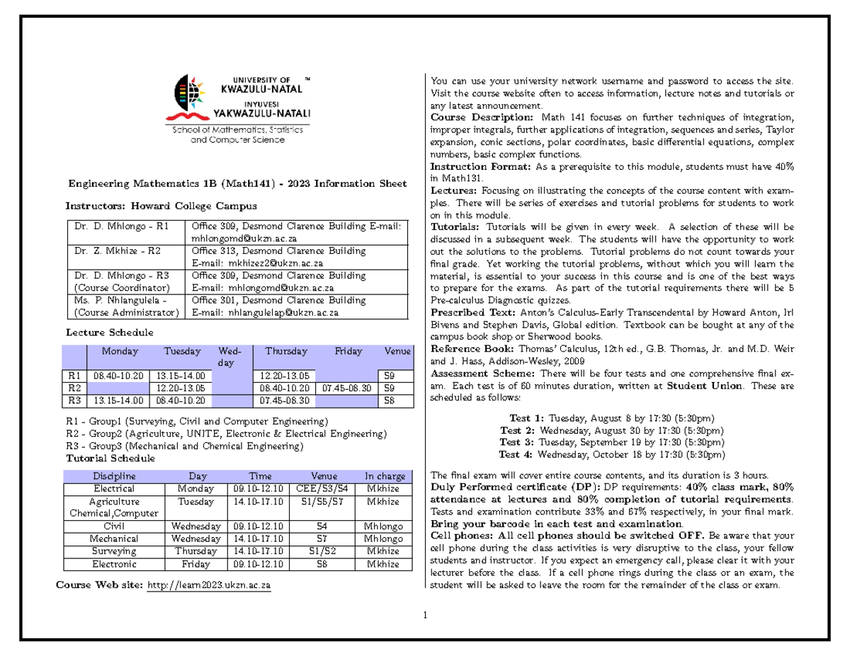 Math 141-Information Sheet-2023 - Engineering Mathematics 1B (Math141 ...