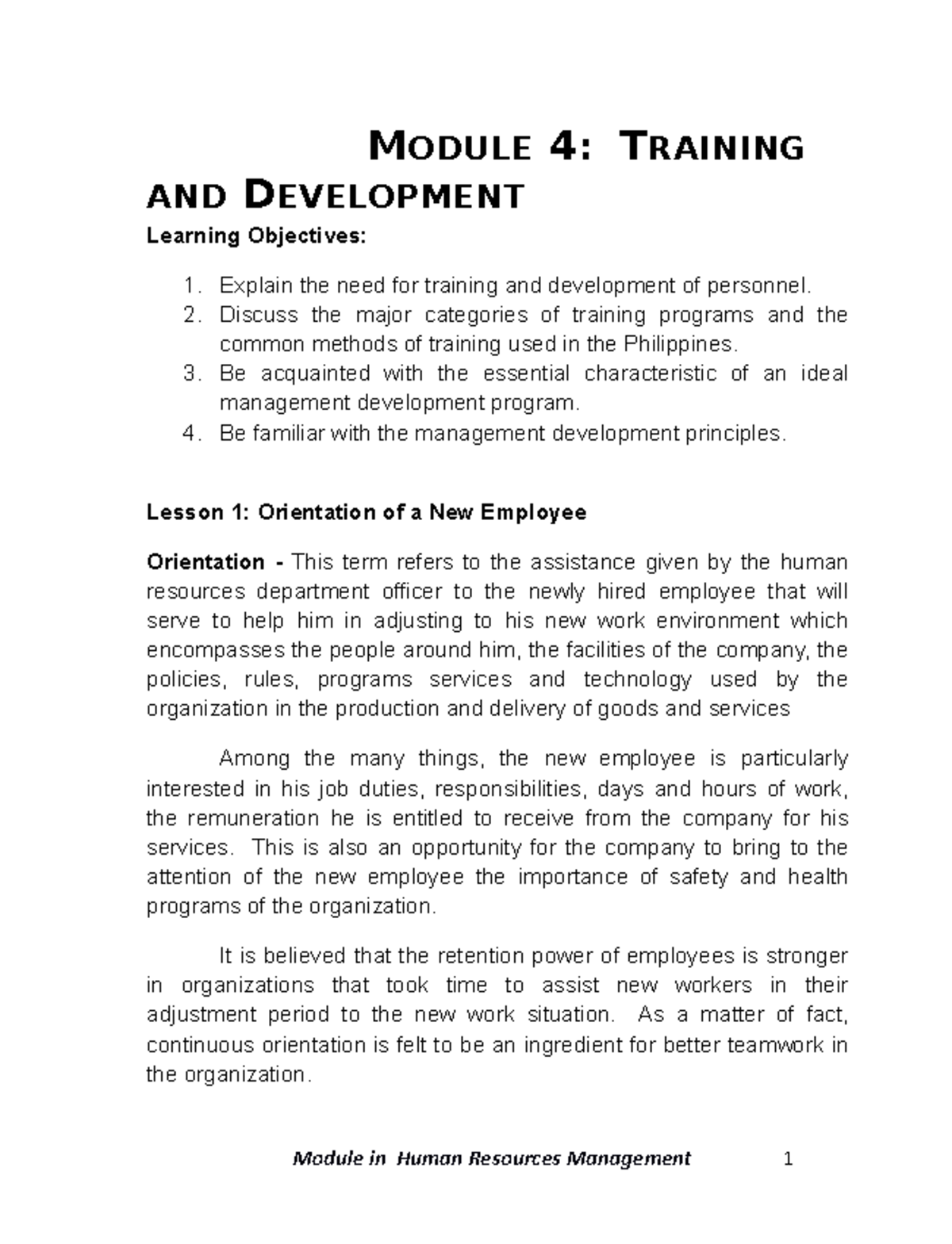 HRM- Lecture NOTE - MODULE 4 - MODULE 4 : TRAINING AND DEVELOPMENT Learning Objectives: Explain ...