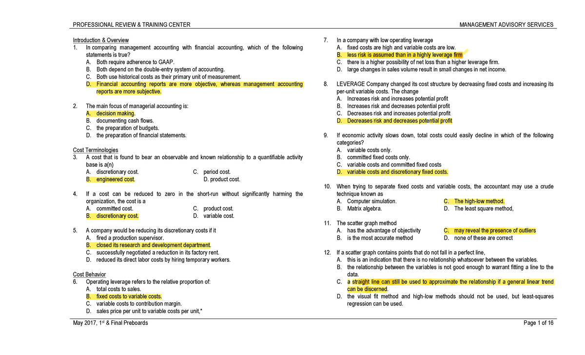 MAS 2017 - answer - Introduction & Overview In comparing management ...