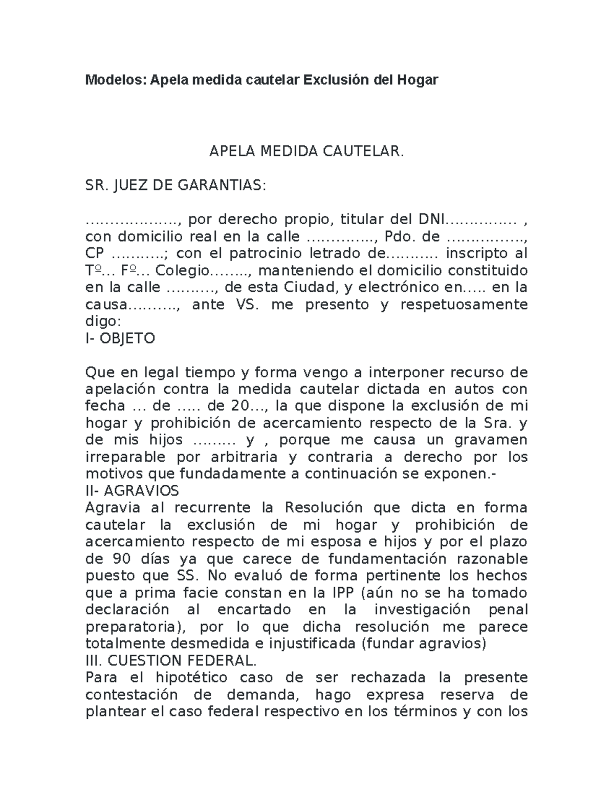 Apela Exclusión del Hogar - Modelos: Apela medida cautelar Exclusión ...