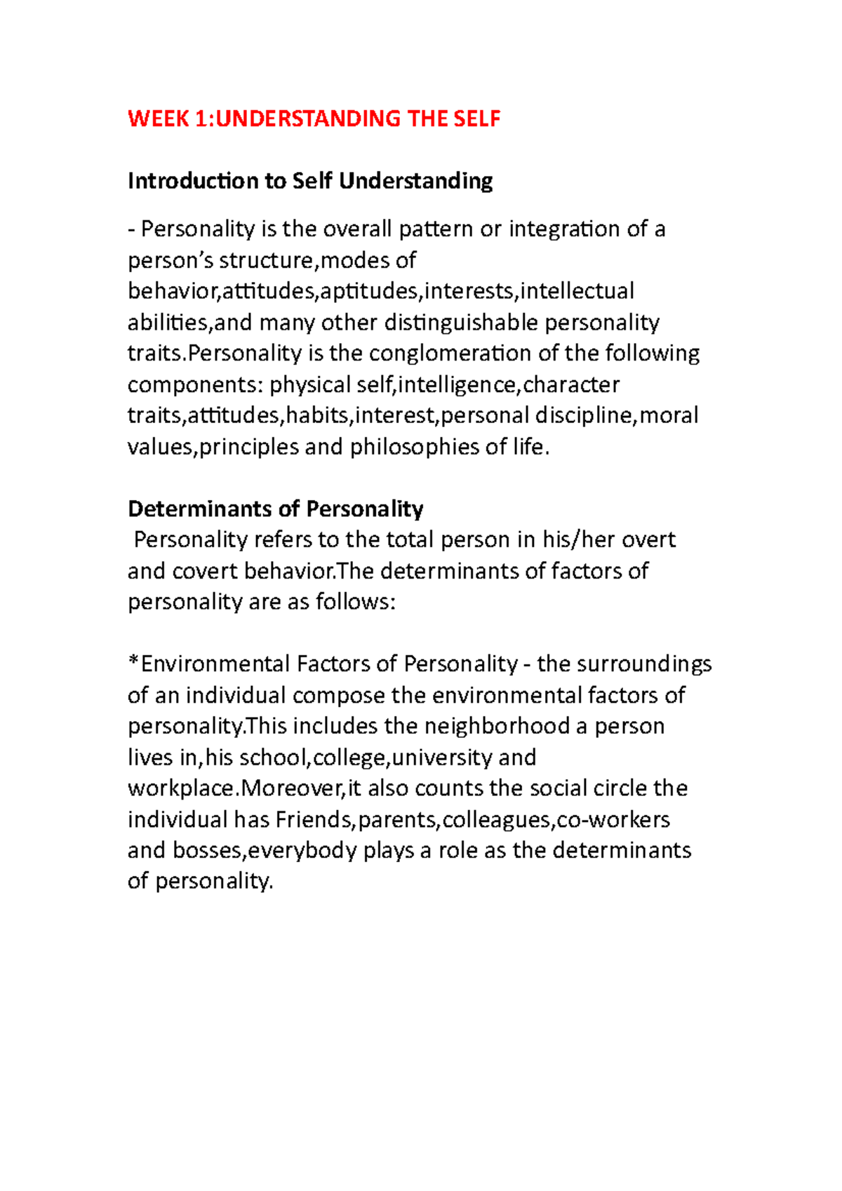 WEEK 1 Understanding the Self 2 - WEEK 1:UNDERSTANDING THE SELF Introduction to Self ...