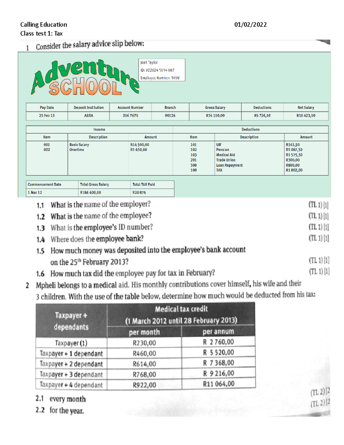 Taxation class test - 13751 - Calling Education 01/02/ Class test 1 ...