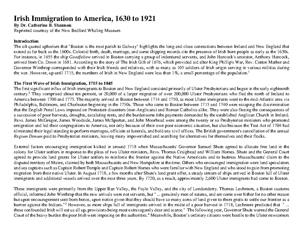 Irish Immigration to America - Catherine B. Shannon Reprinted courtesy ...