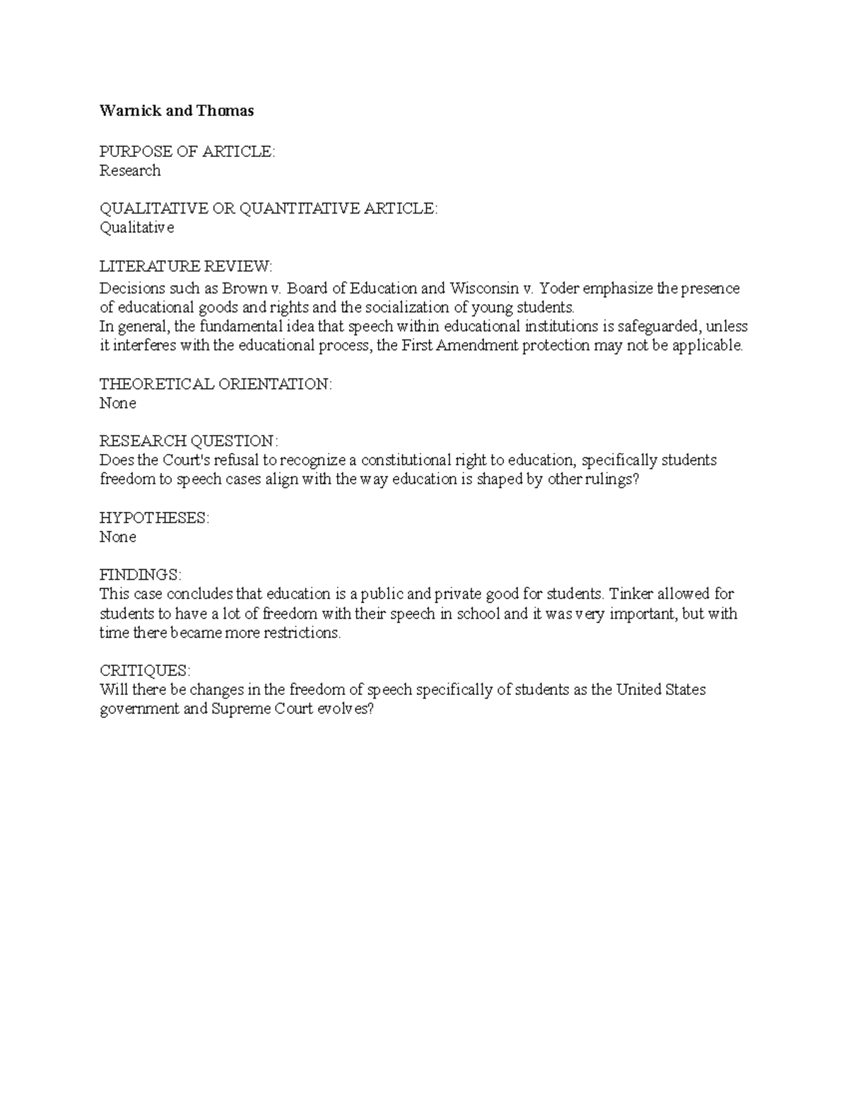 Article review form - Warnick and Thomas PURPOSE OF ARTICLE: Research ...
