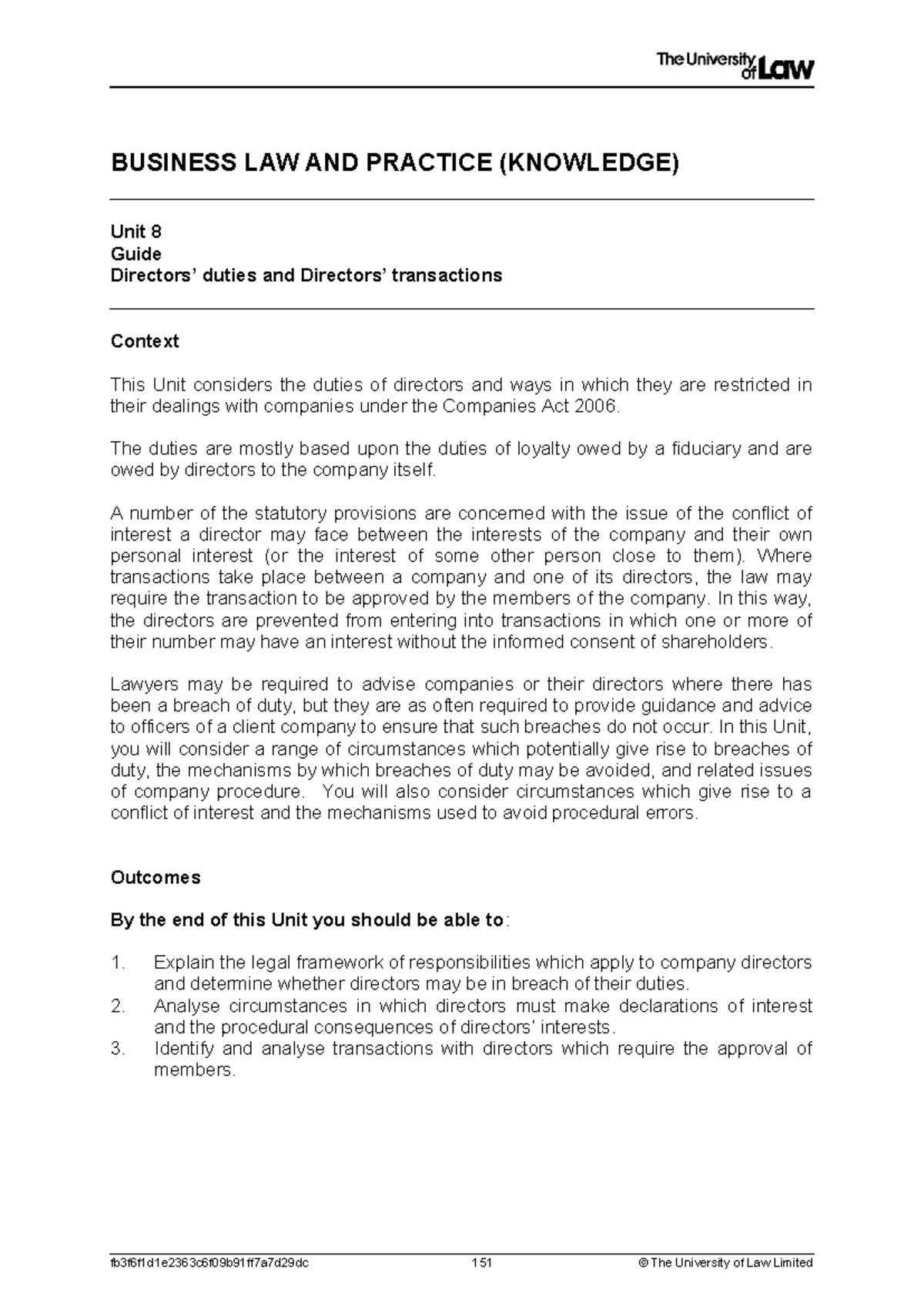 Guide 8 - BUSINESS LAW AND PRACTICE (KNOWLEDGE) Unit 8 Guide Directors ...