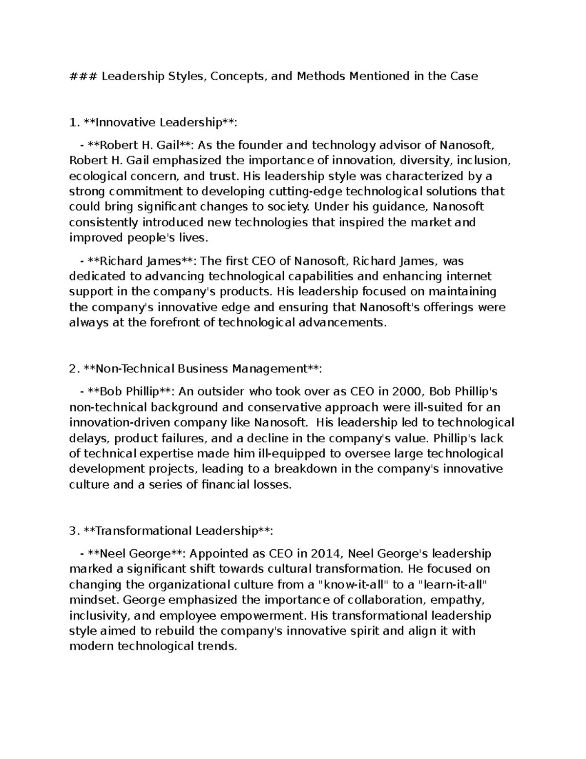 Case study draft 1 - Leadership Styles, Concepts, and Methods Mentioned ...