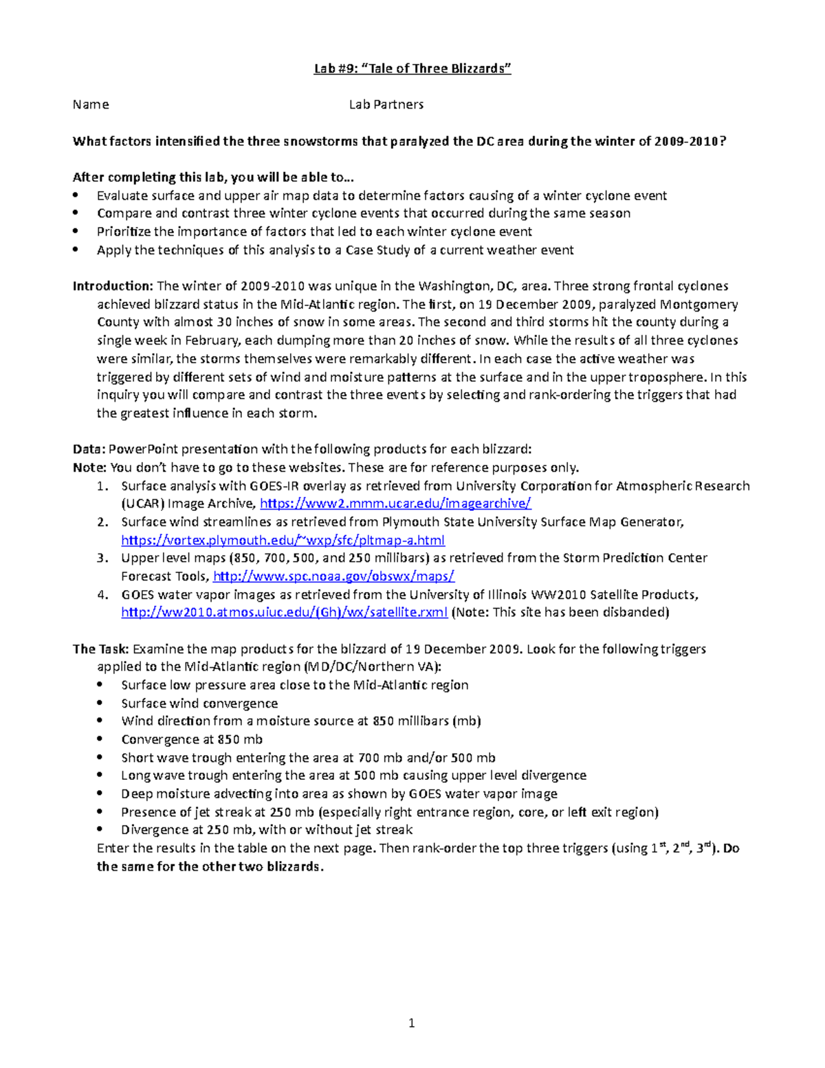 Remote-Lab 09-Three Blizzards Instructions - Lab #9: “Tale of Three Blizzards” Name Lab Partners ...