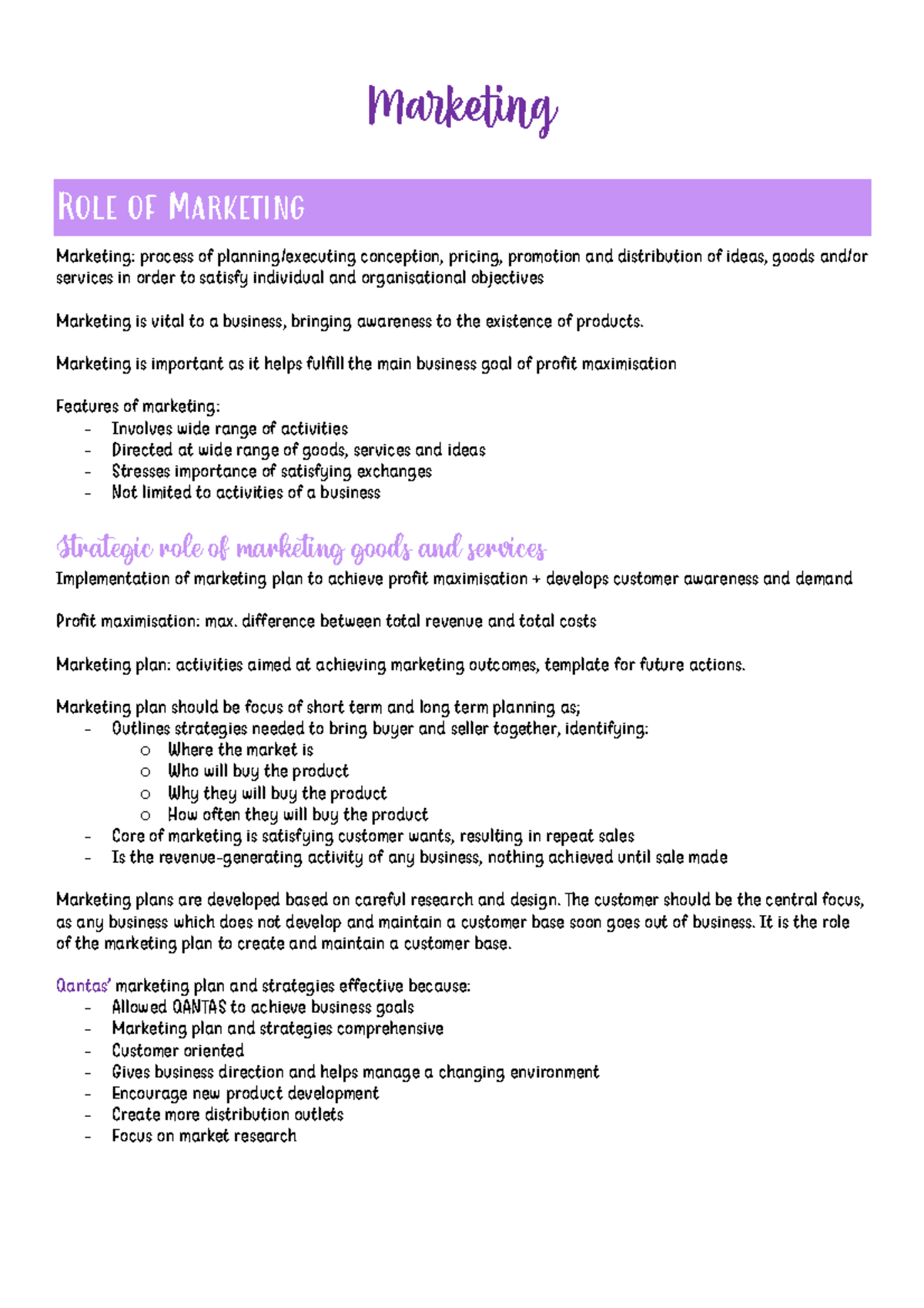 HSC Marketing Summary Notes - Marketing Role of Marketing Marketing ...