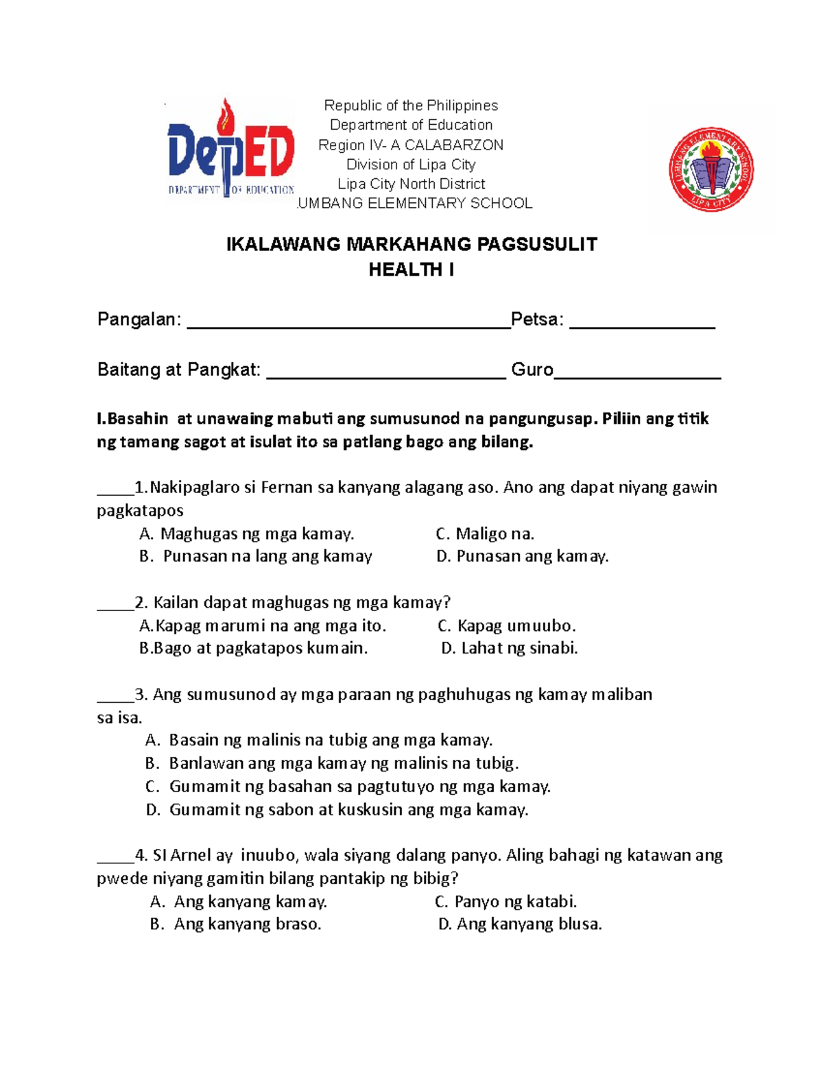 PT Health 1 Q2 - Sample Periodic Test Melc based - Republic of the ...