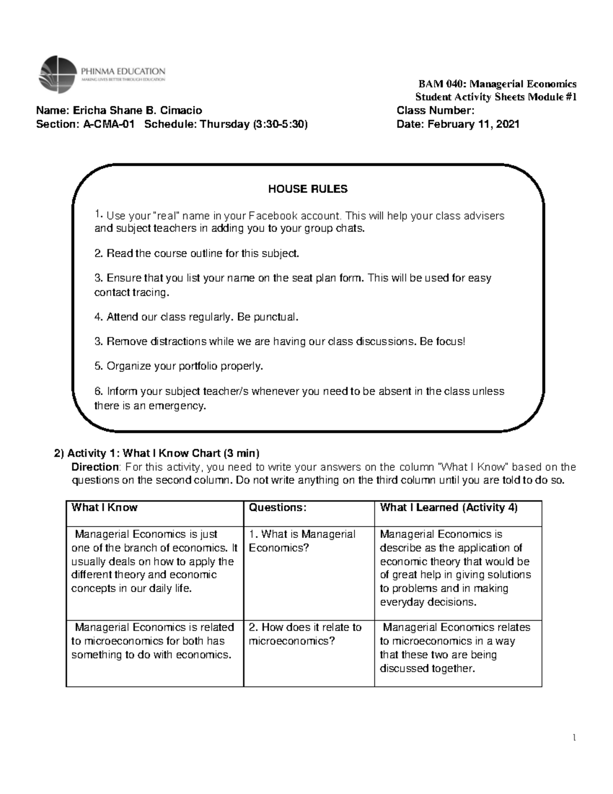 BAM 040 SAS 1 - Notes - Student Activity Sheets Module # Name: Ericha ...