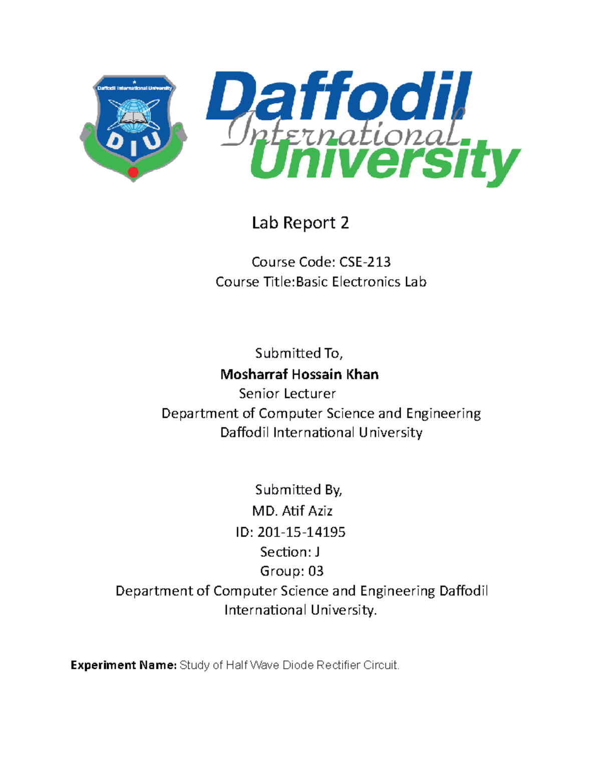 201-15-14195 CSE213 lab-2 - Lab Report 2 Course Code: CSE- Course Title ...