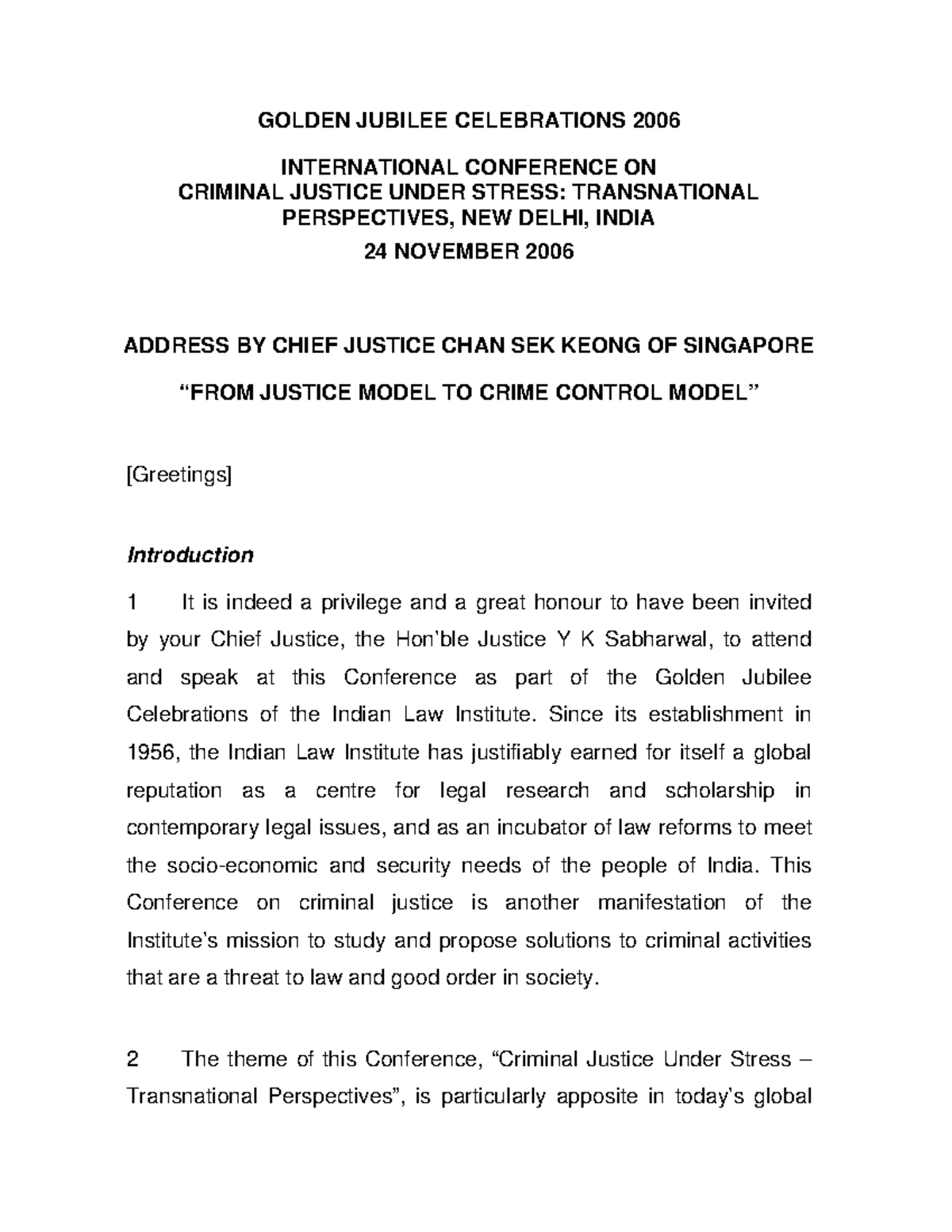 Chan sk millenium speech from justice model to crime control model 1 ...