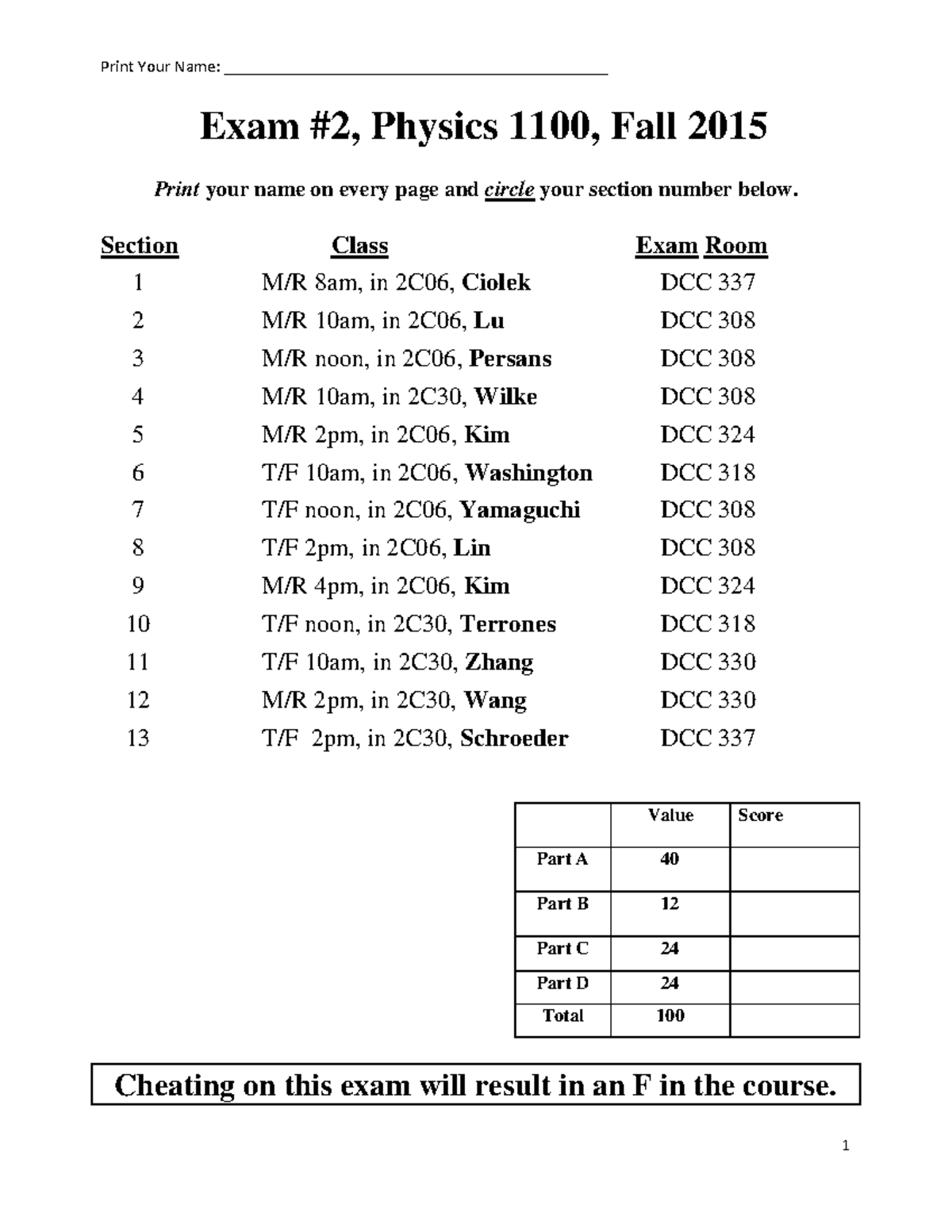 Exam 2 fall 2015 - Back exam - Print your name on every page and circle your section number ...