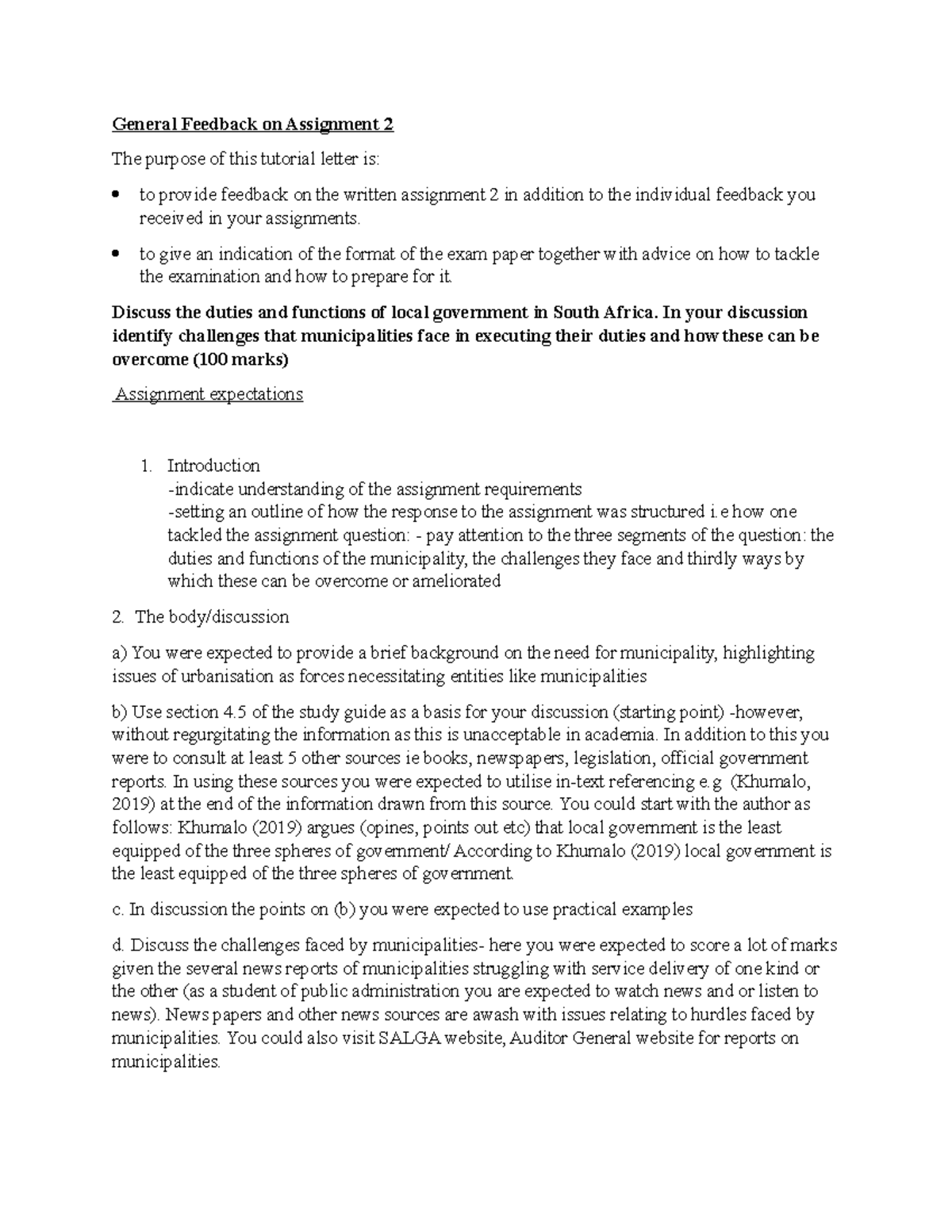 General feedback and exam format - General Feedback on Assignment 2 The ...