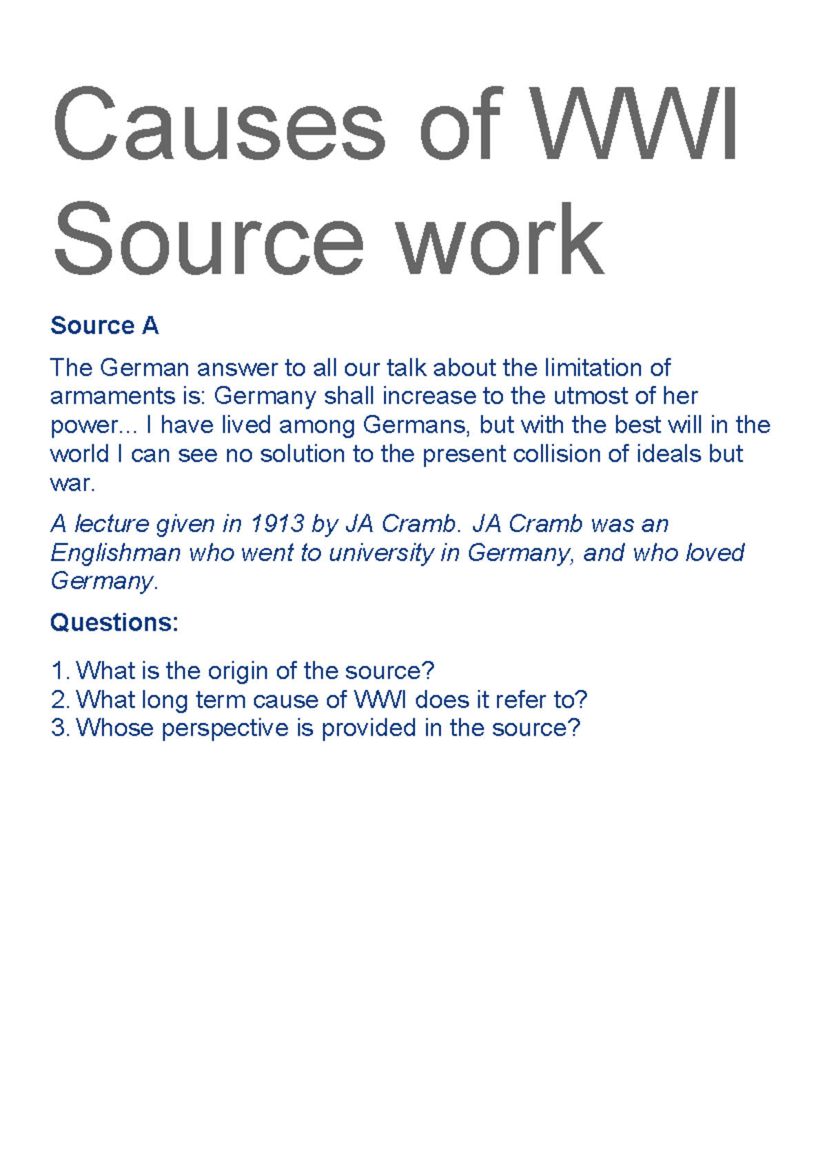 Causes of WWI Sources and Qs RS - Causes of WWI Source work Source A ...